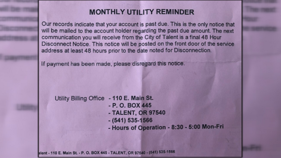 Talent residents receive shut off notices; city says it was an error | KTVL